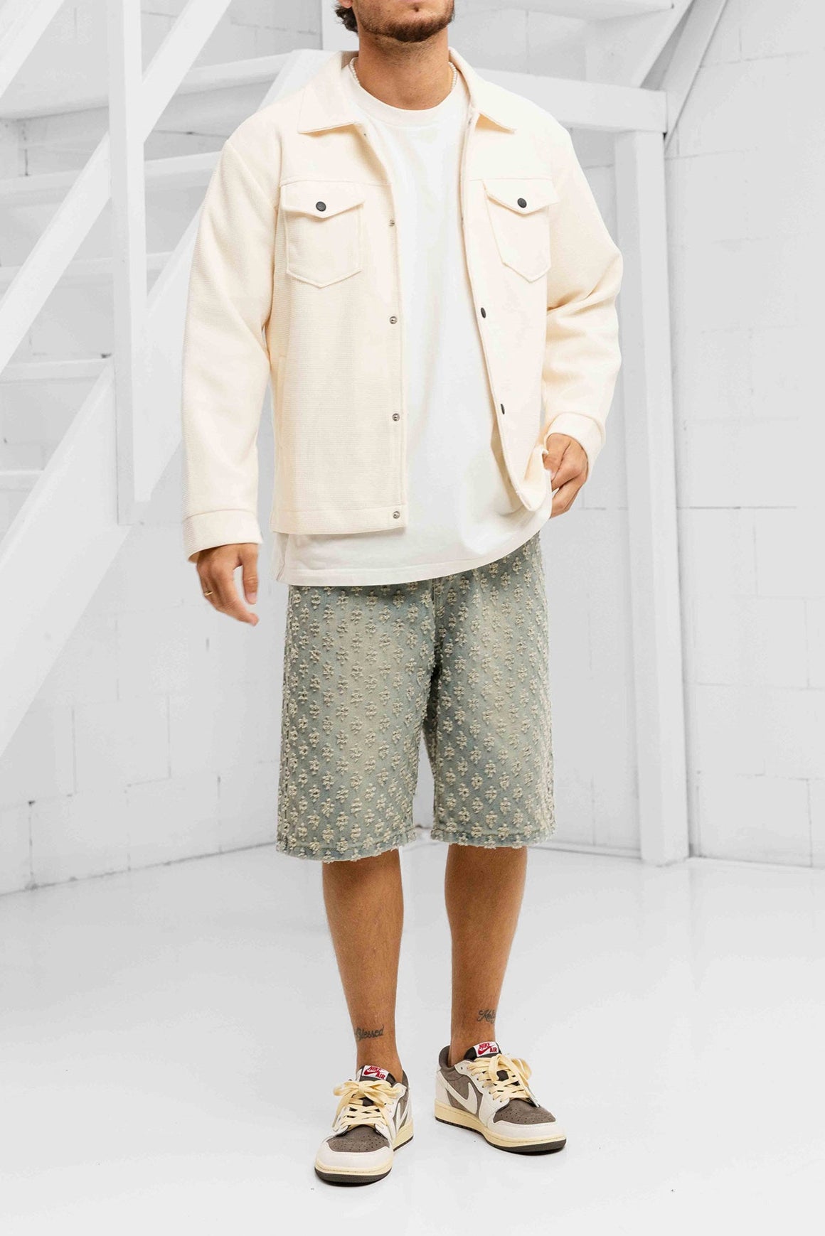 Beige Corduroy & Stellato Blue Jorts Set